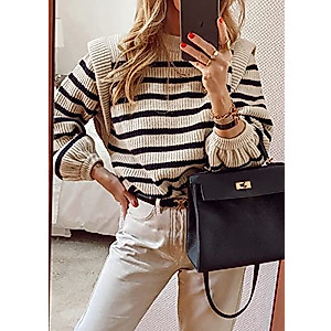 PRETTYGARDEN Women's Sweaters Casual Long Lantern Sleeve Crewneck Ribbed Knit Pullover Striped Jumper Tops Blouse (Beige Apricot,X-Large)