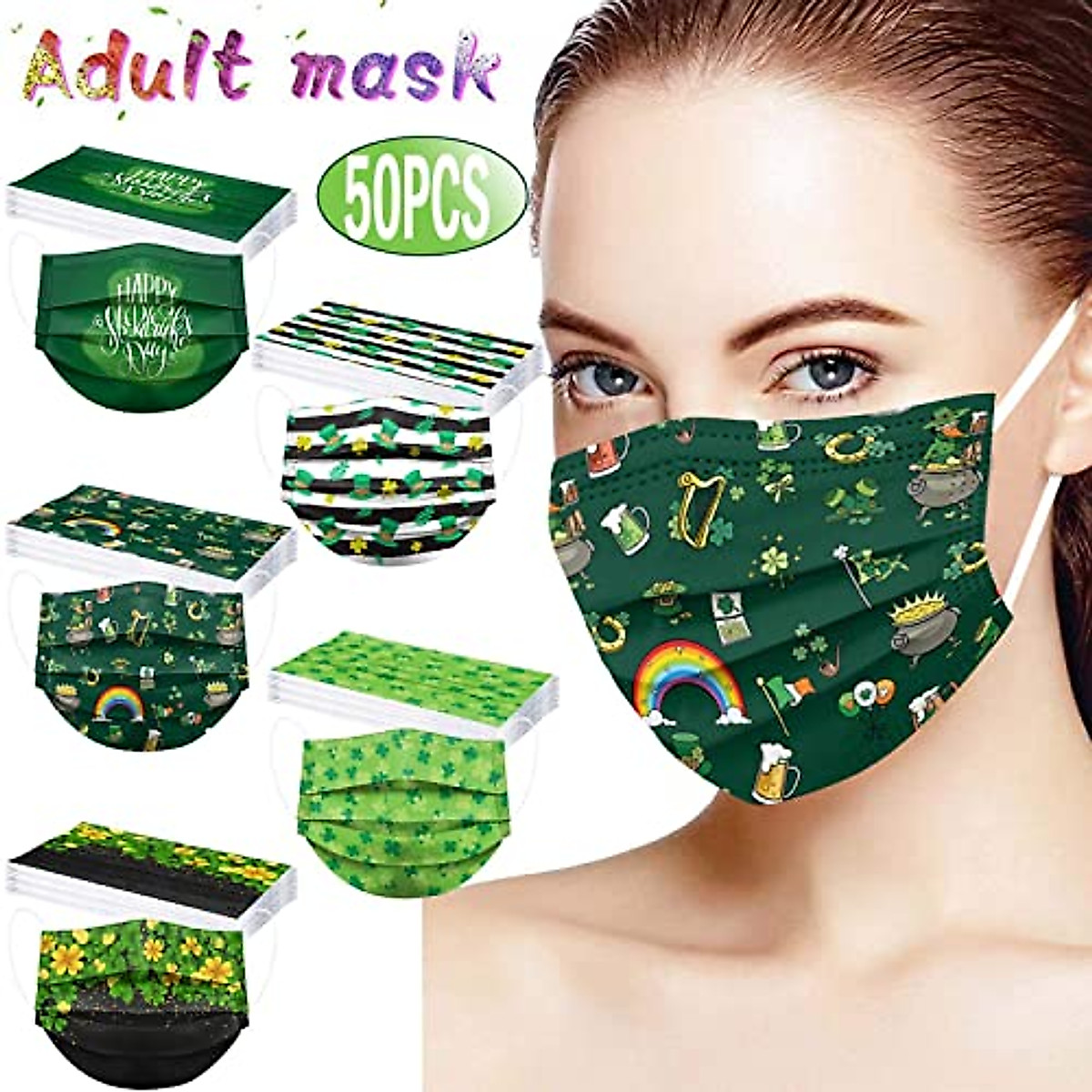 50PC St Patricks Day Disposable Face Mask for Adults Women Protection Breathable with Cute Shamrock Gnome Designs Mask (Green 13)
