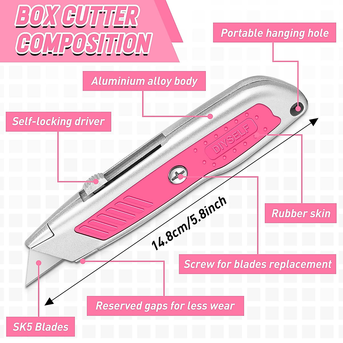 DIYSELF 2 Pack Box Cutter, Aluminum Utility Knife, Box Cutter Retractable, Sturdy Razor Knife for Cardboard, Boxes, Packages, Papers, Cartons, Box Cutter Knife, Navajas de Trabajo, Pink Knife