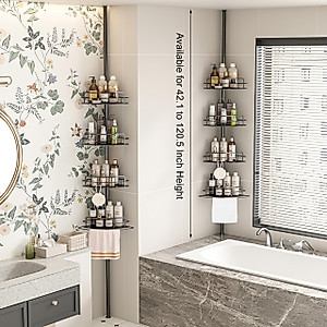 THMINS Shower Caddy Tension Pole,Adjustable Corner Shower Caddy,4 Tier Rustproof Shower Organizer Shelves for Bathroom,Bathtub,42.1-120.5 inch,Black