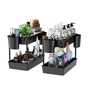 PTOJ Under Sink Organizer, 2 tier Kitchen Under Cabinet Countertop Organizers Storage Rack Basket with 10 Hooks and 4 Hanging Cup for Bathroom,Multi-Purpose Storage Shelf for Kitchen (2)