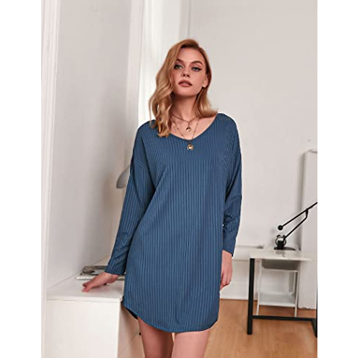 Ekouaer Womens Night Shirts V Neck Sleep Shirt Long Sleeve Tshirt Nightgowns Oversized Shirt Dress(Navy Blue,Large)