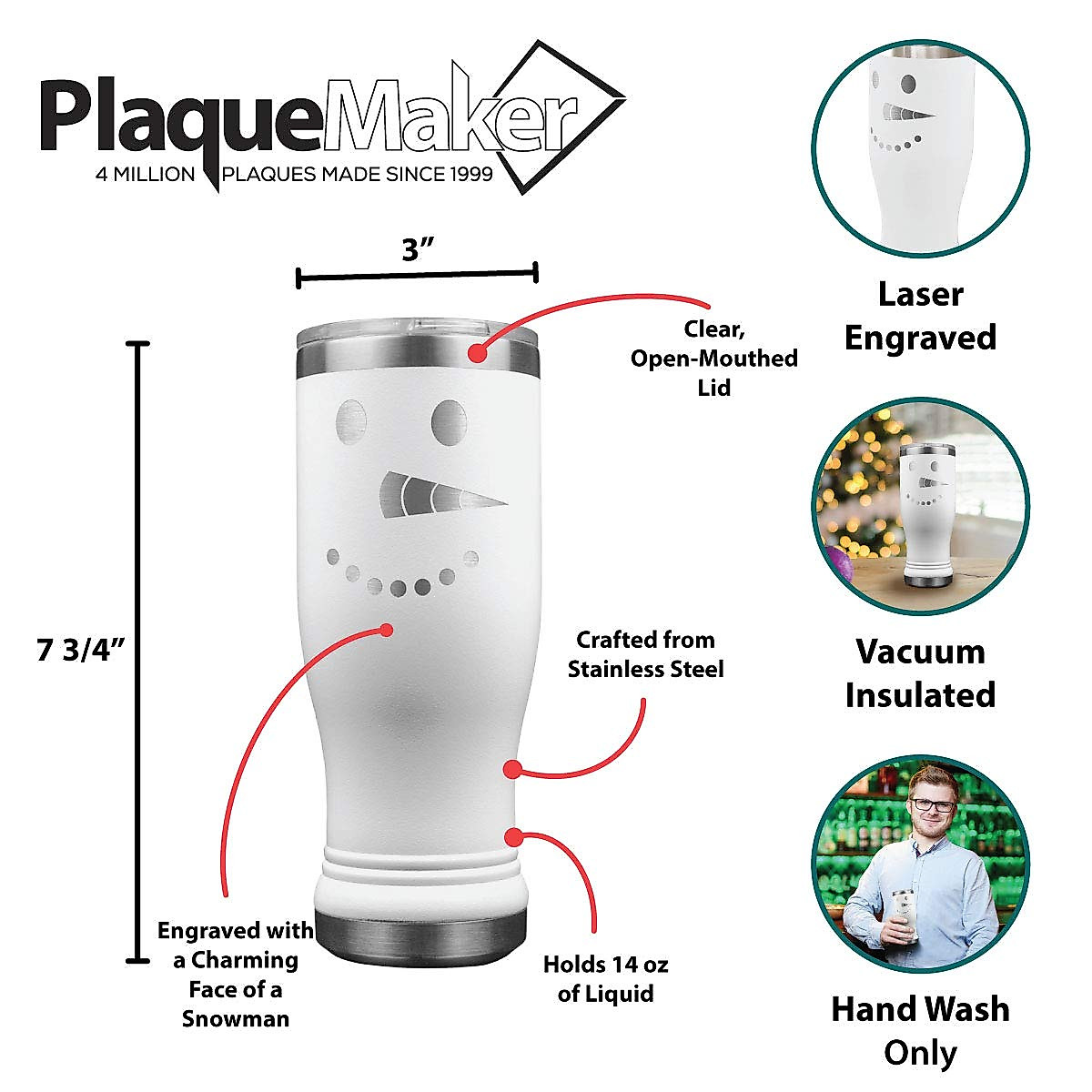 Funny Holiday Themed Tumblers and Coffee Mugs -Including Wine, Pilsner, and Travel. Great Christmas Gifts for Friends and Loved Ones (White - Snowman 14 oz Pilsner)