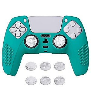 PlayVital Aqua Green 3D Studded Edition Anti-Slip Silicone Cover Skin for ps5 Controller, Soft Rubber Case for ps5 Wireless Controller with 6 White Thumb Grip Caps