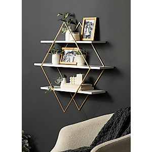 Kate and Laurel Daxton Modern Wood and Metal Diamond Wall Shelf, 31 x 8 x 31, White and Gold, Glam Geometric Wall Organization for Bathroom Storage or Living Room Display