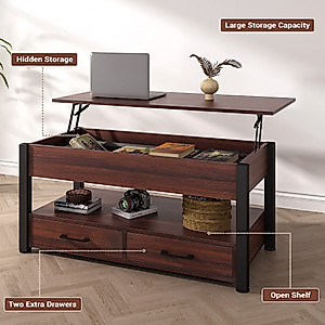 Osfvolr Lift Top Coffee Table, Coffee Table with Storage Drawers and Adjustable Metal Legs, Vintage Wood Living Room Tables with Hidden Compartment and Open Shelf, Espresso