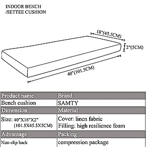 Khaki Bench seat Chair Pads Non-Slip Rubber Back Indoor Swing /Settee Cushion 40'' x 18'' x 2'' (101.6 x 45.7 x 5.08cm)
