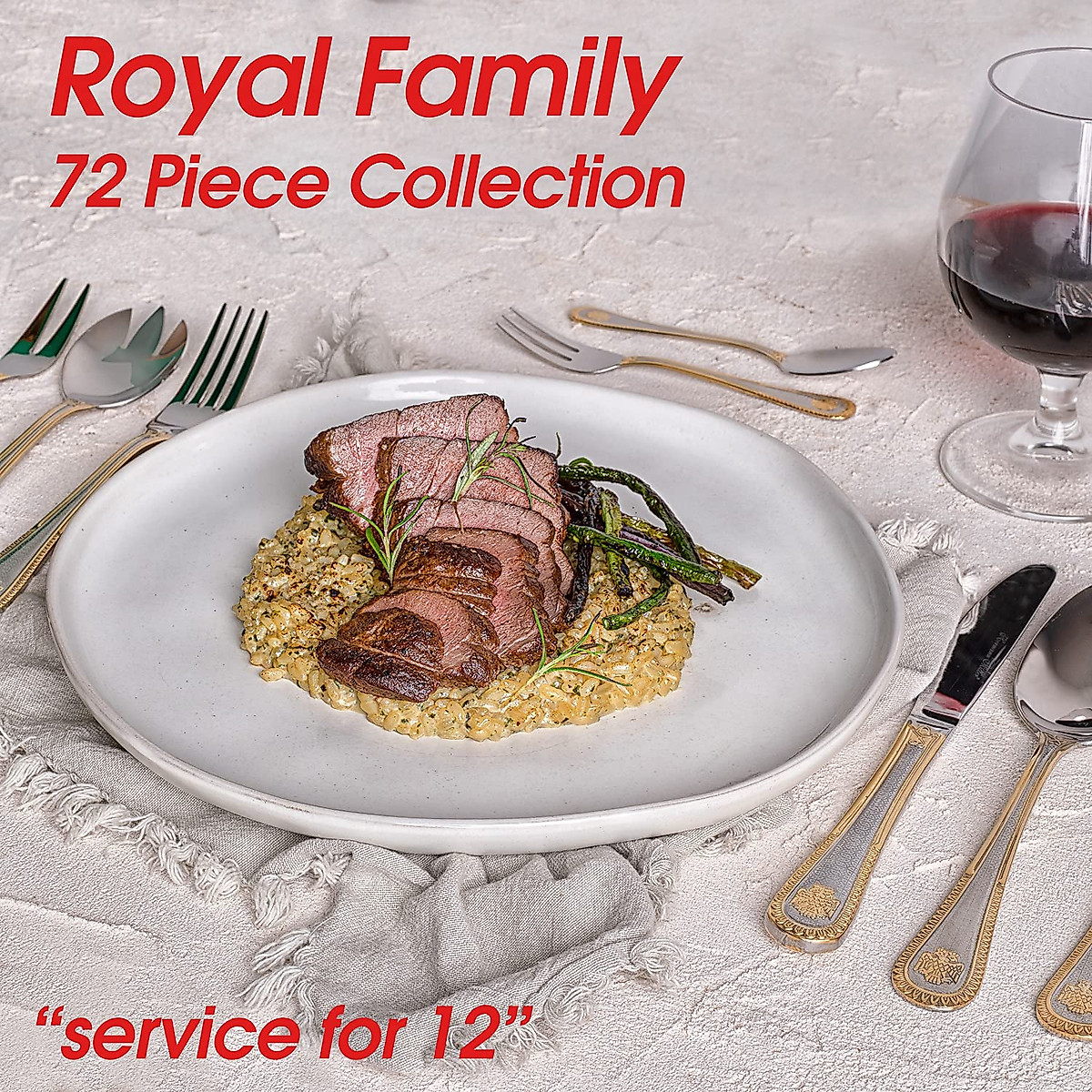 Hermann Miller Royal Family Collection 72 Piece Fine Flatware Silverware Set with Gift Carrying Case, Elegant Design, Serves Parties 12 people, Perfect Housewarming Graduation for Loved Ones, Gold