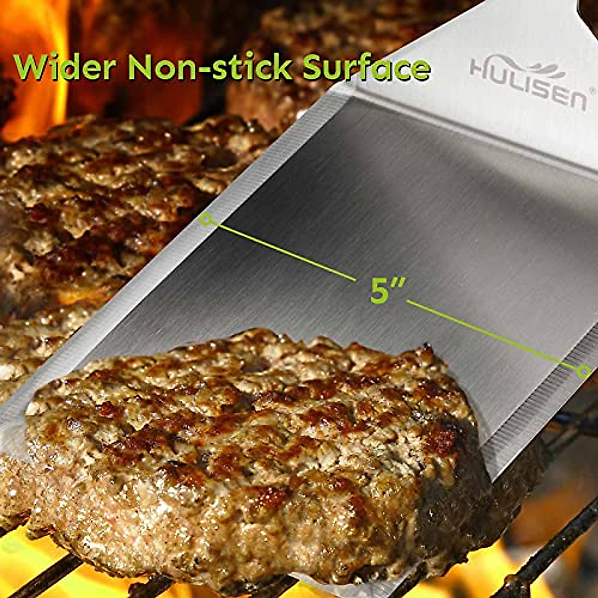 HULISEN Stainless Steel Large Grill Spatula - 6 x 5 Inch Heavy-Duty Metal Spatula with Cutting Edges, Kitchen Griddle Accessories, Smashed Burger Turner Scraper for BBQ Grill and Flat Top Griddle