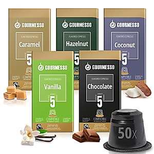 Gourmesso 50ct Flavored Espresso Pods | Int.5 | Proudly Fairtrade | Compatible with Nespresso Original Capsule Machines | Caramel Vanilla Chocolate Hazelnut Coconut