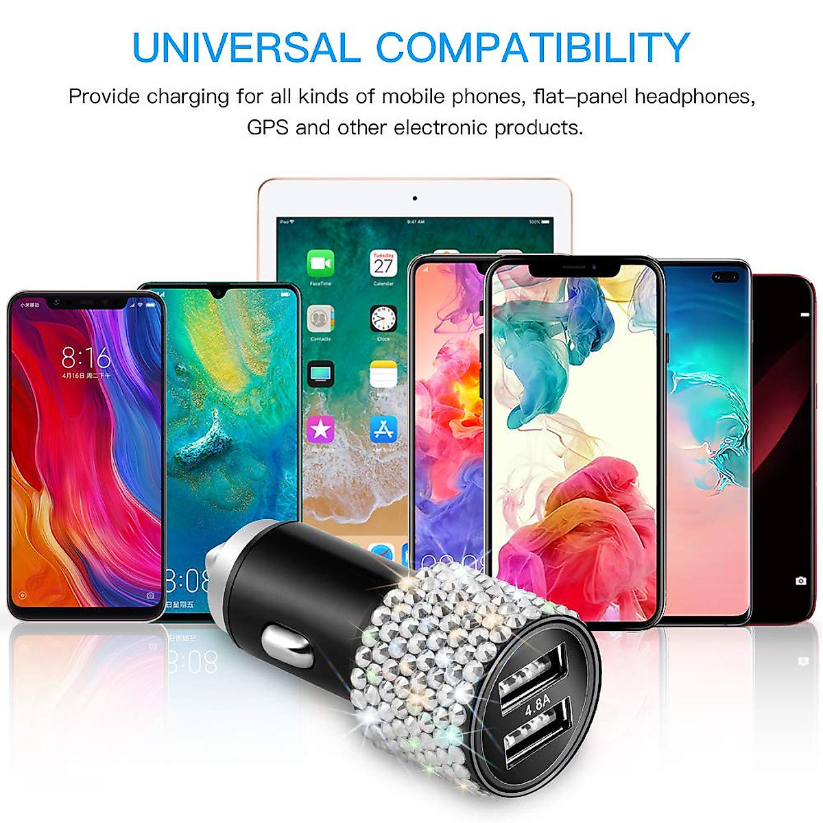 Otostar Dual USB Car Charger, 4.8A Output, Bling Crystal Diamond Car Decorations Accessories Fast Charging Adapter for iPhones Android iOS, Samsung Galaxy, LG, Nexus, HTC (Silver)