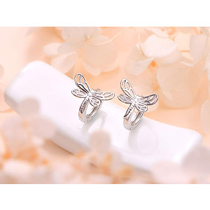 DAOCHONG S925 Sterling Silver Small Huggie Dragonfly Hoop Earrings for Women Ear Jewelry Birthday Gift (Dragonfly Small Hoop Earrings)