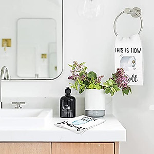 Vansolinne Funny Bathroom Hand Towels with Hanging Loop (4 Packs), 24''x18'' Absorbent Waffle Weave Towels with Humorous Words & Pattern, Cool Guest Hand Towels Funny Bath Decor Nice Bathroom Gifts