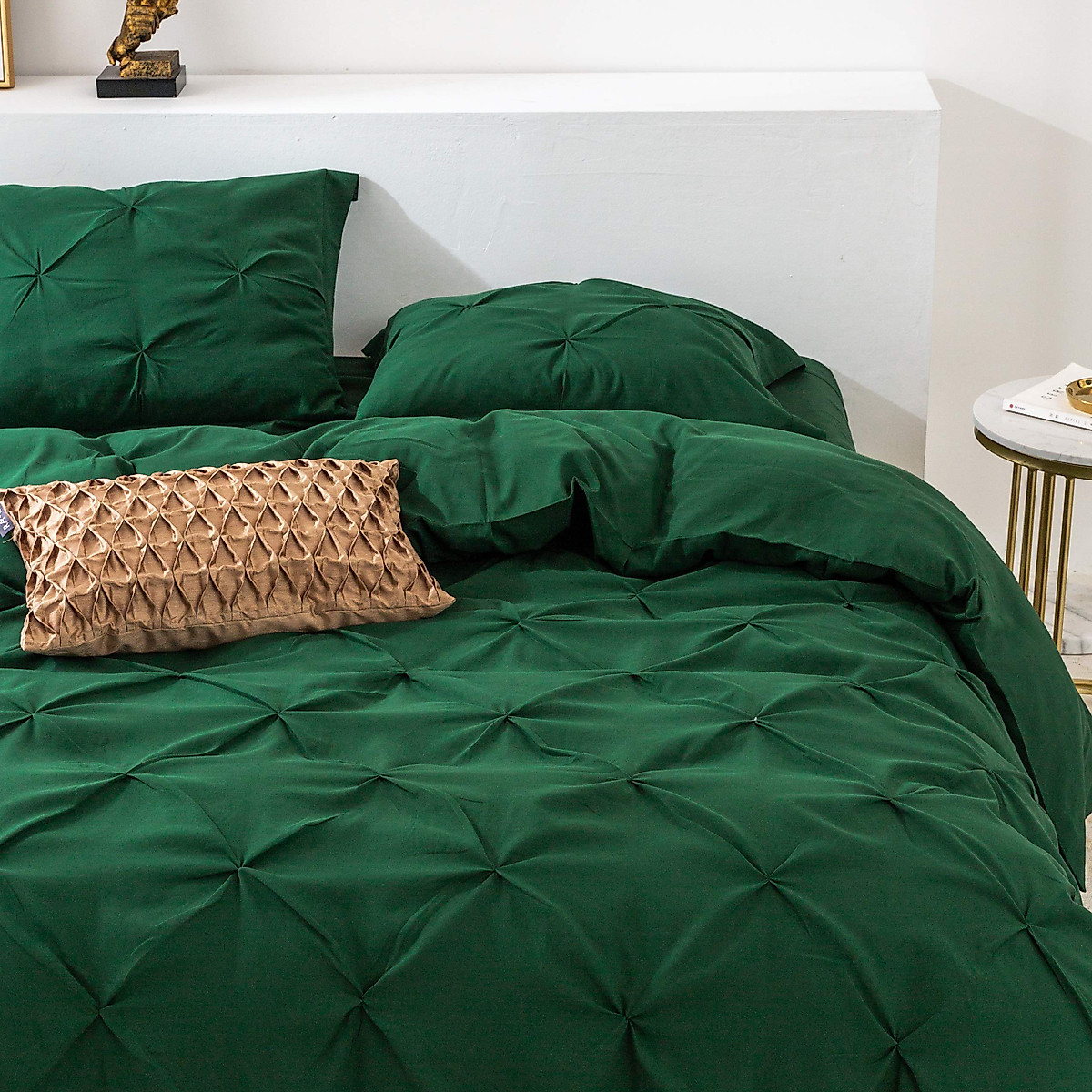 3 Pieces Bedding Duvet Cover Set, Pinch Pleated King Duvet Cover, Pintuck Comforter Quilt Cover with 2 Pillow Shams-King-104 X 90 inches-Green