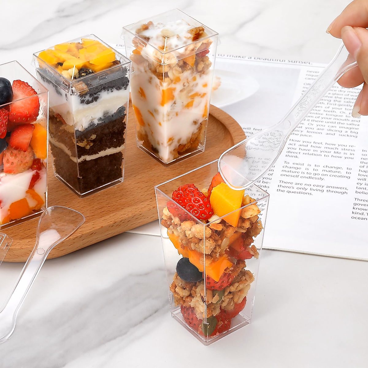 HawHawToys 100 Pack 3 OZ Mini Dessert Cups with Lids and Spoons, Square Tall Plastic Parfait Cups Dessert Shooter Cups for Party, Small Plastic Dessert Cups for Pudding, Appetizers