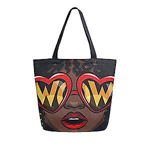 ALAZA Afro African American Woman Large Canvas Tote Bag Shopping Shoulder Handbag with Small Zippered Pocket