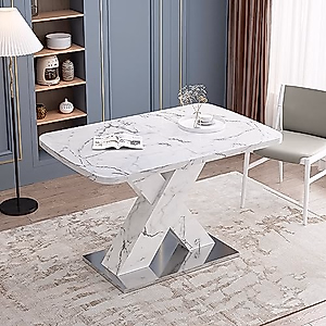 Modern Marble Top Dining Table, Extendable Marble Dining Table for 4-6, Expandable Dining Table with Faux Marble Top and Crossed Pedestal Base, Large Dining Table for Dining Room Kitchen (White)