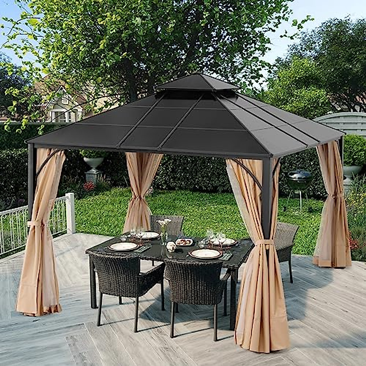ABCPATIO 10x10 Hardtop Gazebo - Outdoor Polycarbonate Double Roof Gazebo Canopy, Metal Frame Permanent Pavilion with Curtains and Netting for Patio, Garden, Patio, Lawns (Beige)