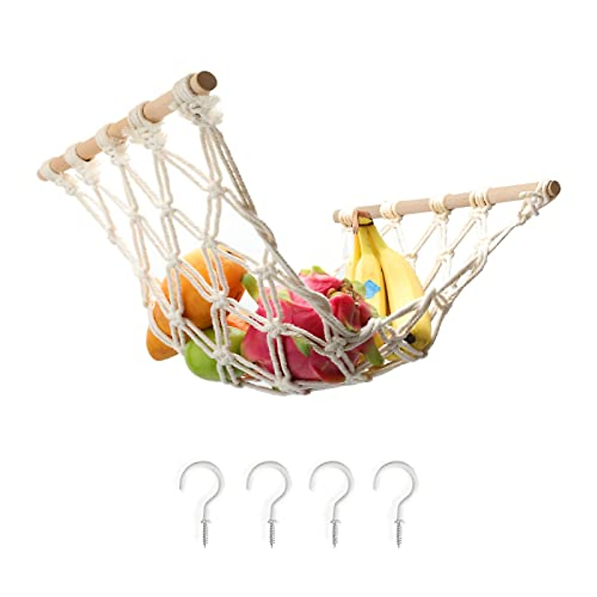 Motarna Hanging Fruit Hammock with Hooks, Hanging Fruit Basket Under the Kitchen Cabinet for Storing Banana Fruits, Hand-Woven Lace Hanging Basket for Kitchen Décor, Rectangle