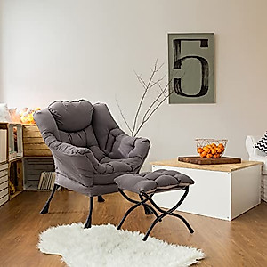 LITA Modern Lazy Chair with Ottoman, Accent Contemporary Lounge Chair Single Leisure Upholstered Sofa Chair Set with Armrests and a Side Pocket, Reading Chair for Living Room & Bedroom, Dark Grey