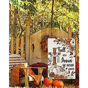 Fall Cross Garden Flags for Outside Decorations, Religious Cross Fall for Jesus with Pumpkins Maple Leaves Small Yard Flag, Harvest Autumn Thanksgiving Seasonal Farmhouse Holiday Outdoor Decor 12x18 Inch Vertical Double Sided