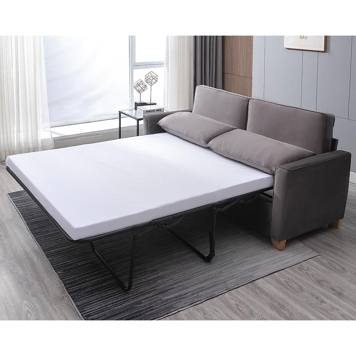 ijuicy Full Size Pull Out Couch, Pull Out Sofa Bed with Foam Mattress, Velvet Sofa with Pull Out Bed, 2-in-1 Sleeper Couch Bed for Living Room, Apartment, Small Spaces (Dark Grey)