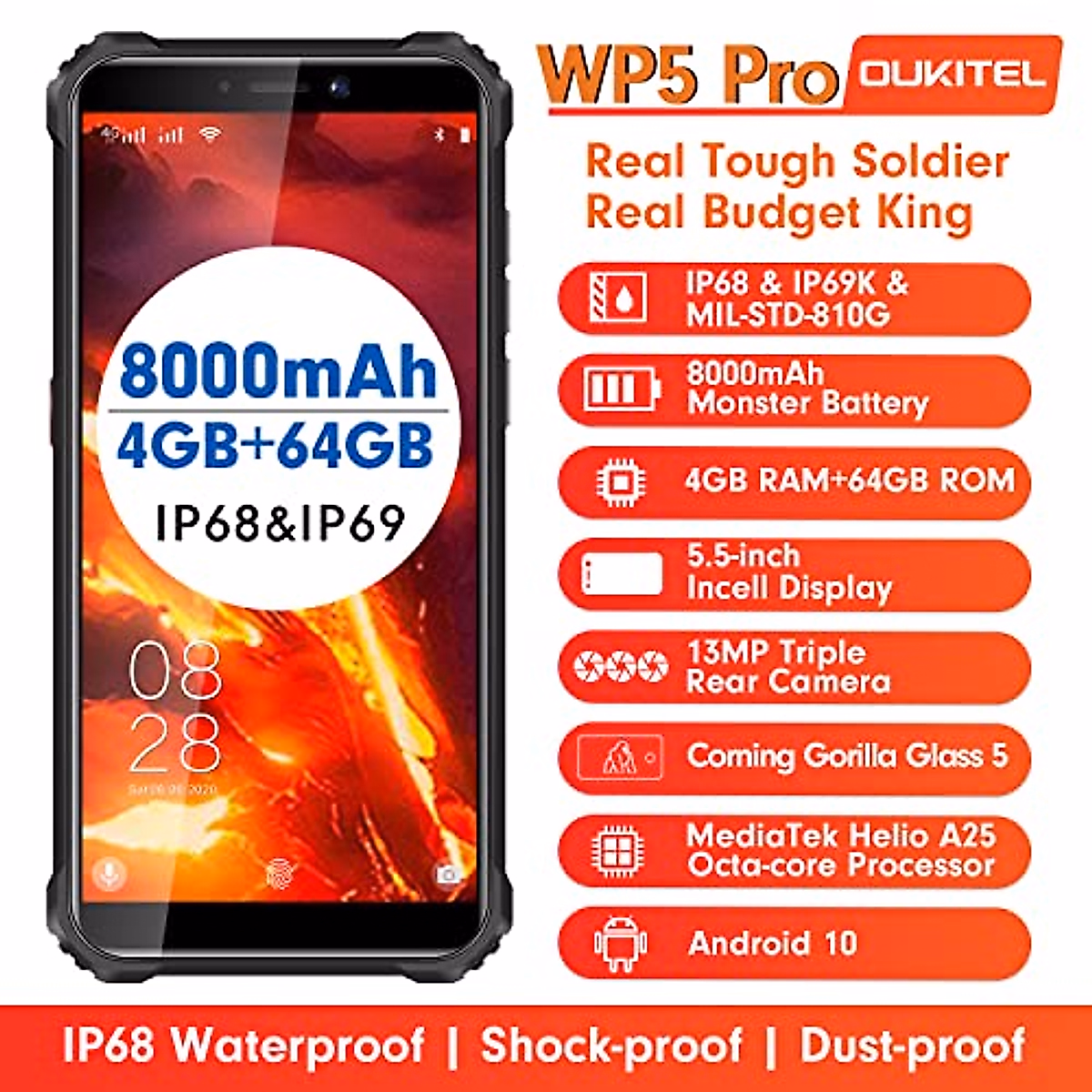 OUKITEL WP5 Pro Rugged Unlocked Smartphone, 5.5''HD+ Screen, 8000mAh Battery Rugged Cell Phone, 4GB+64GB Android, IP68 Waterproof 4G LTE Dual Cellphone, Face ID Fingerprint GPS