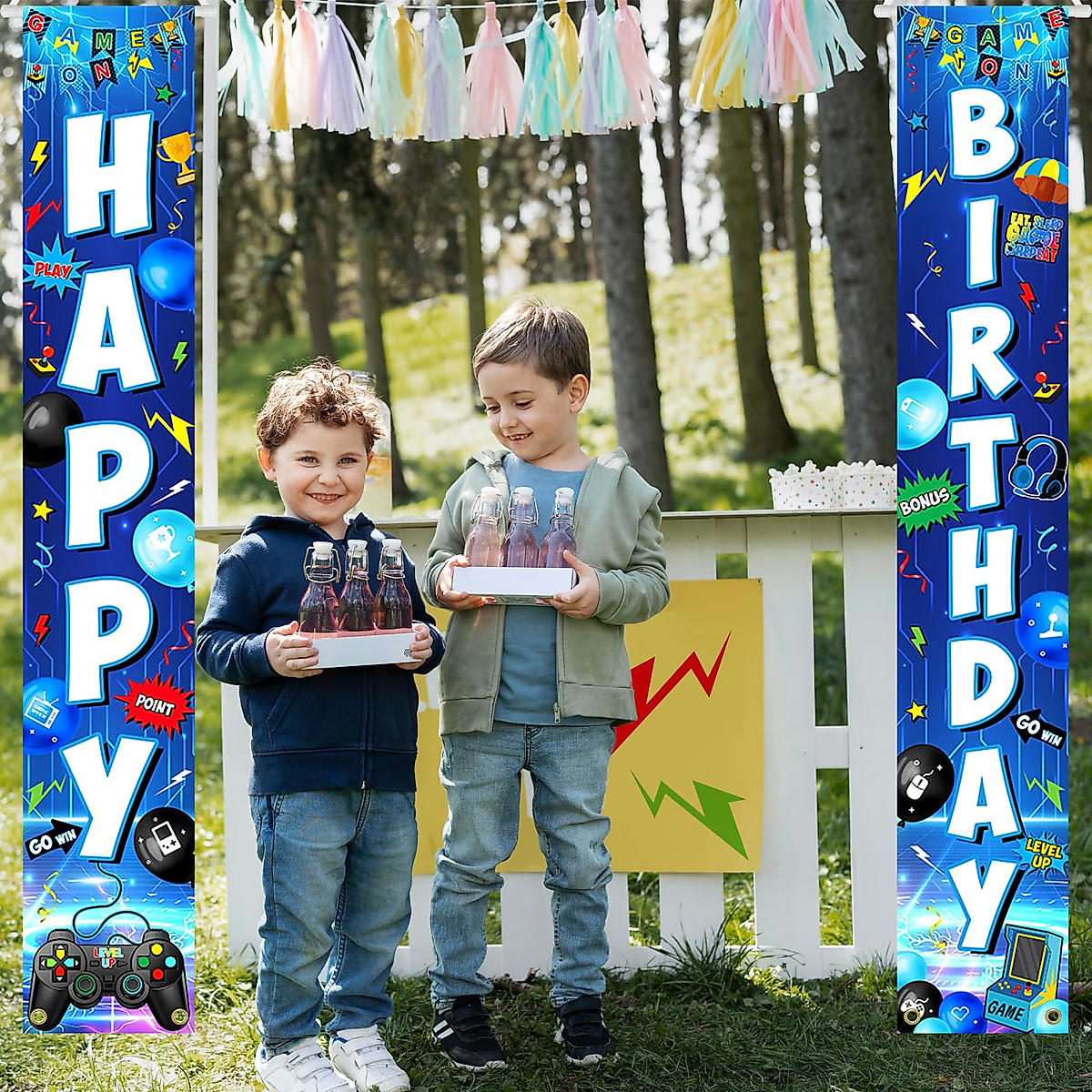 Avezano Video Game Happy Birthday Banner Gaming birthday Porch Signs Blue Game on Hanging Door Banner for Boys Game Birthday Party Decoration Supplies