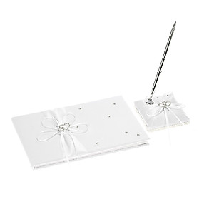 Wedding Supplies Double Heart Satin Flower Girl Basket Ring Bearer Pillow Guest Book Pen Holder Bride Garter Set(Satin-5PCS)