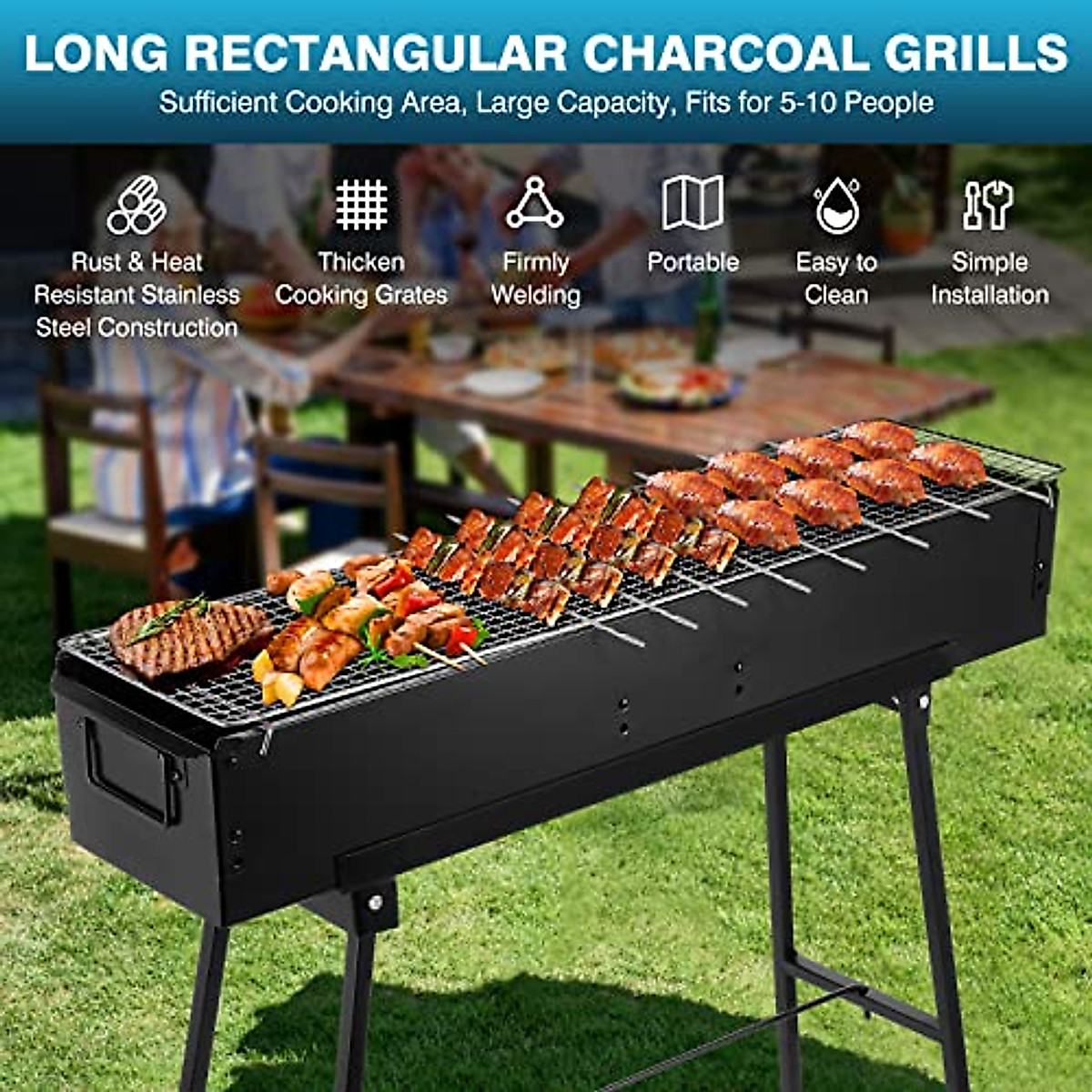 IRONWALLS Portable Charcoal Grill 32 Inch, Black Folding Stainless Steel Barbecue Grill for Outdoor Cooking, Large Lamb Skewer Grill for Patio, Party, Picnic, Travel, Camping, Home & Commercial Use