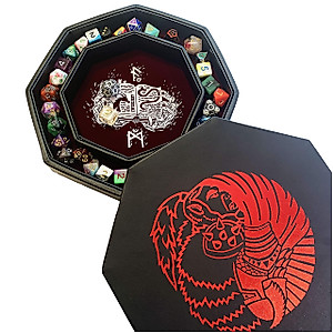 Fantasydice RED Orc Paladin Yin and Yang - Dice Tray - 8" Octagon with Lid and Dice Staging Area- Holds 5 Sets(7 Dice Set/Standard) for All Tabletop RPGs