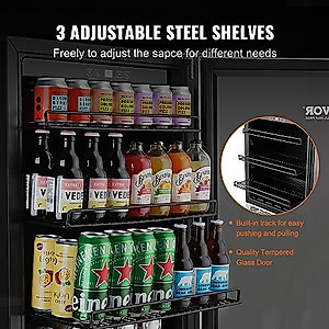 VEVOR Cooler 154 Cans Capacity Refrigerator Under Counter Built-in or Freestanding Beverage Fridge with Blue LED Light, Tempered Glass Door, Child Lock for Drink Soda Wine, Silver