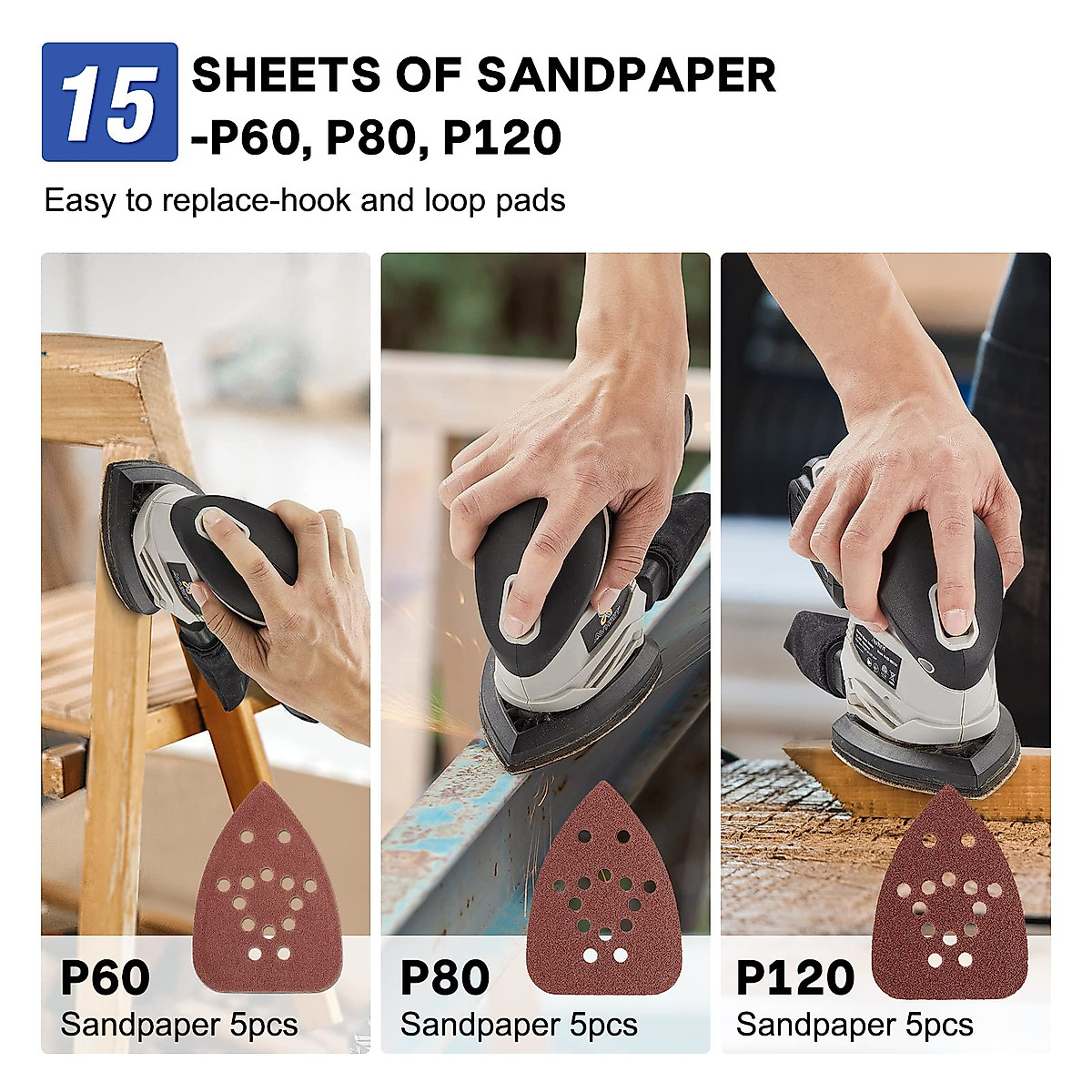 Cordless Detail Sander for Woodworking,20V Hand Sander with 1X2.0A Battery & Charger, 15000 OPM Mouse Detail Sander with 15PCS Sandpapers, Efficient Dust Collection System Tools for Wood Furniture
