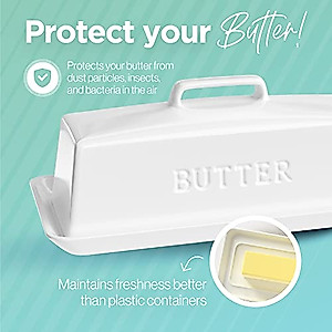 PriorityChef Ceramic Butter Dish with Lid for Countertop, Butter Keeper for Counter or Fridge, Covered Butter Tray Holder For Butter Storage, Holds 1 Stick, White