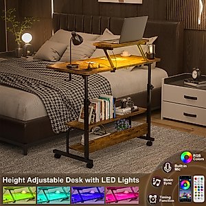 Height Adjustable Standing Desk with Power Outlets and LED Lights - 32" Manual Stand Up Desk with Monitor Stand and Storage Shelves Small Mobile Rolling Computer Desk Portable Laptop Table, Rustic