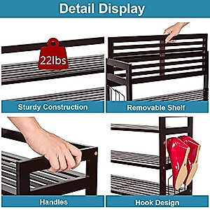 kinbor 5 Tier Shoe Rack Storage Organizer - Bamboo Shoe Shelf with 12 Hanging Bars and Removable Top Shelf for Living Room, Hallway, Entryway, Balcony, Dark Brown