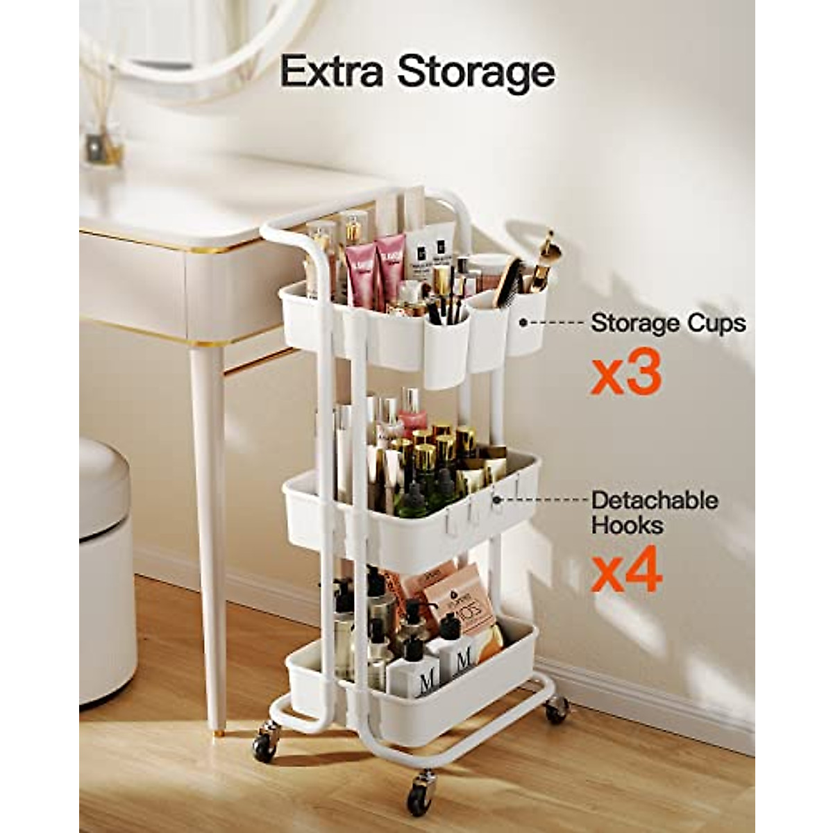 Pipishell 3-Tier Rolling Cart with Wheels - Rolling Storage Cart with Hanging Cups & Hooks - Mobile Utility Cart for Office, Kitchen, Craft Room - Art & Craft Organizer (White, PIUC06W)"