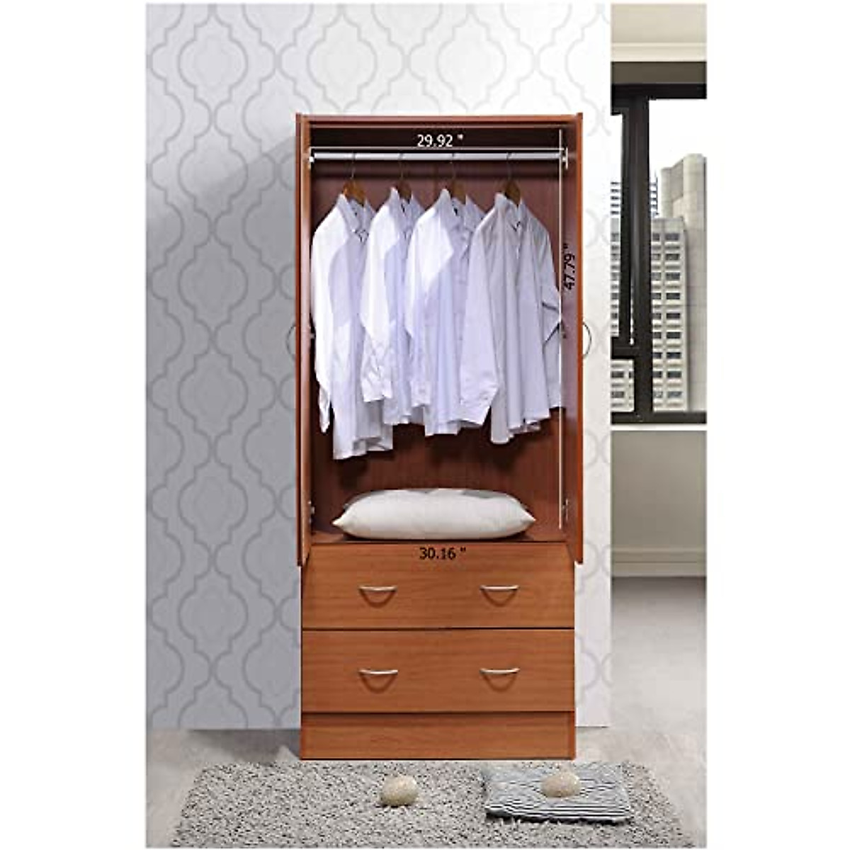 HODEDAH IMPORT- Two Door Wardrobe, with Two Drawers, and Hanging Rod, Cherry