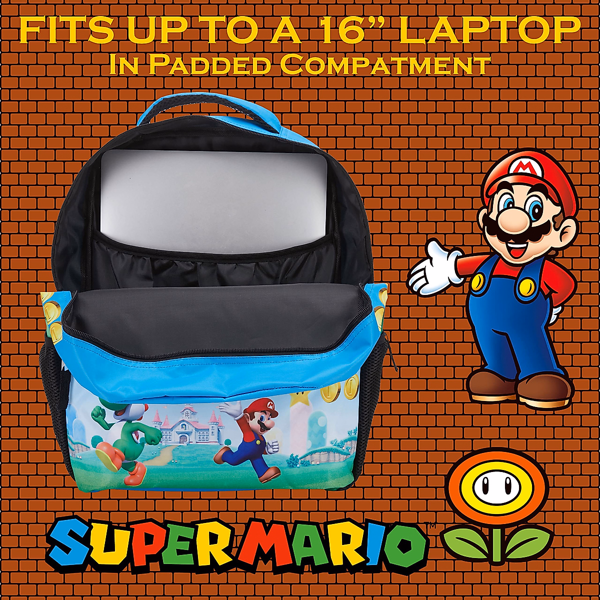 SUPER MARIO Nintendo’s Backpack for Boys & Girls, School Bag with Front and Side Pockets, Durable Gaming Bookbag with Padded Mesh Back and Adjustable Mesh Straps