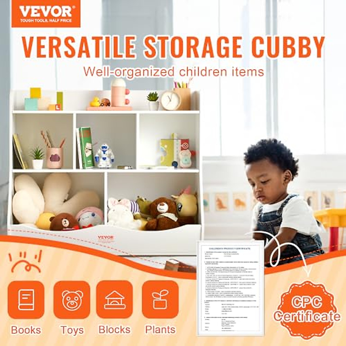 VEVOR Wood Kid Toy Storage Organizer with Bookshelf, 35" W Storage Cubby, Larger 5-Cubby Wood Toy Storage Cabinet, Children Book Toy Shelf for Kids Room, Playroom, Kindergarten, Nursery, White