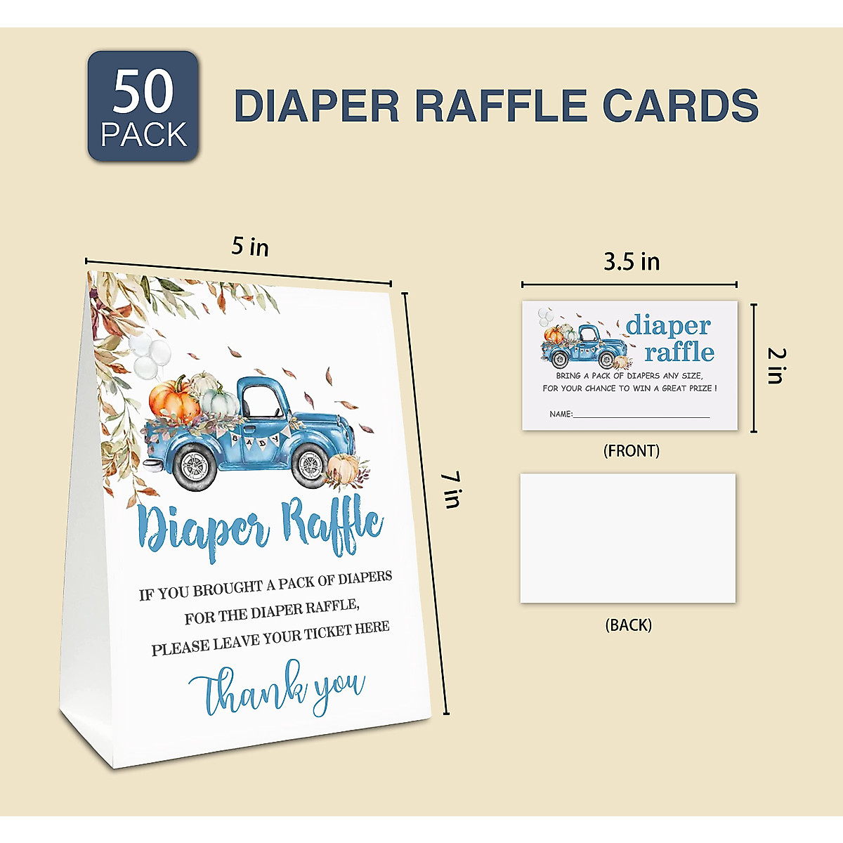 Yuansail Diaper Raffle Tickets For Baby Shower, Pumpkin Cart Themed Cards, Party Favors For Baby Showers Game Cards,1 Sign & 50 Cards Per Pack – (017-niaobu)
