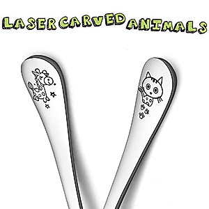 TeamFar Toddler Kids Preschoolers Utensil Flatware Silverware Set, Pure Stainless Steel, Non Toxic & Healthy, Brushed Surface, Laser Carved Animal Handle, Set of 4, Dishwasher Safe