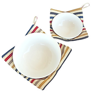CUSHYSTORE 2 Bowl Cozies Canvas Holders Heat and Cold Resistant Anti-Scalding Protector 8.5" Large 7.5" Small (Retro Stripe)