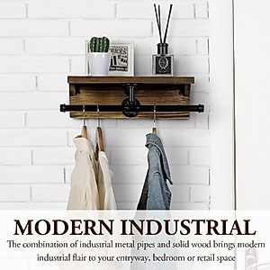 MyGift Wall Mounted Garment Rack with Top Rustic Burnt Solid Wood Shelf, Industrial Matte Black Metal Pipe Storage Clothing Hanger Rod and Display Shelf