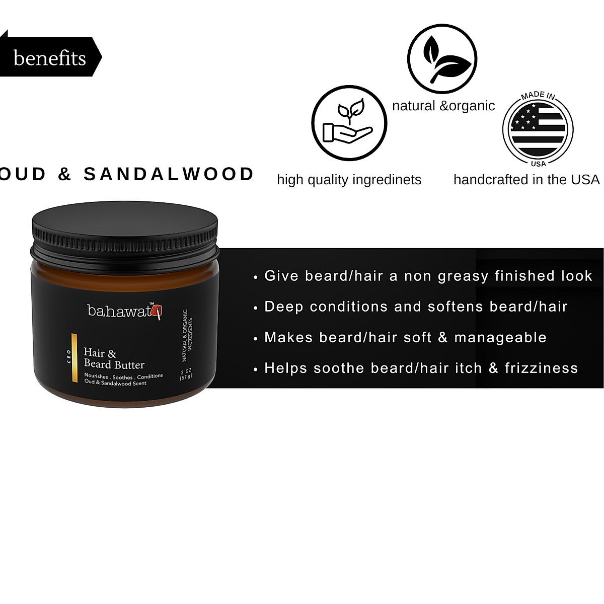 BAHAWAT Hair & Beard Butter for Men Leave-in Conditioner - Oud & Sandalwood - Strengthen, Soften & Moisturize – Organic, Natural Ingredients | The Best Beard Butter - 2 oz