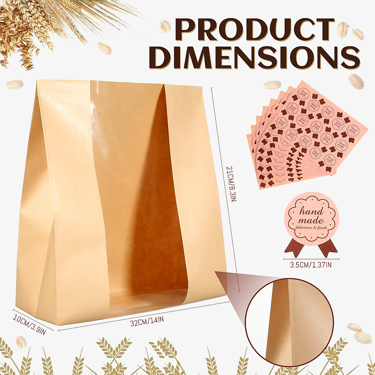 150 Pcs Bakery Bags with Window Large Packing Loaf Bag Paper Bread Bags for Homemade Bread Kraft Bread Storage Bags Bread Packaging Bags with 10 Sheets Stickers for Cookie Food, 12 x 8.3 x 3.5 Inch