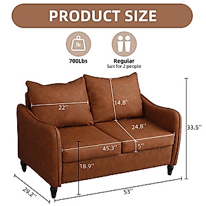 53" Small Loveseat Sofa,Mid Century Modern Love Seat Sofa Couch with PU Leather,2 Seat Small Couches for Small Spaces,Comfy Upholstered Sofa for Living Room,Bedroom,Dorm Office and Apartment(Brown)