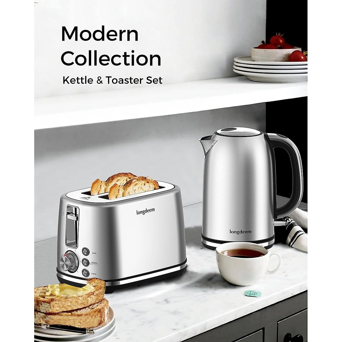 Longdeem Fast-Boil Electric Tea Kettle, 1.7L Stainless-Steel Water Heater, 1500W, Cordless Design with LED, Auto-Shutoff & Anti-Dry Protection, Silver