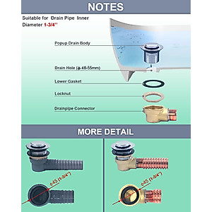 YEEREAD 1-7/8" Brass Bath Tub Drain Kit, Pop Up Tip Toe Touch Bathtub Shower Drain Shoe Stopper Replacement, Polished Chrome