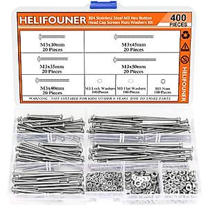 HELIFOUNER 400 Pieces M3 x 30mm /35mm /40mm /45mm /50mm, Button Head Socket Cap Metric Screws Nuts Washers Kit, 304 Stainless Steel